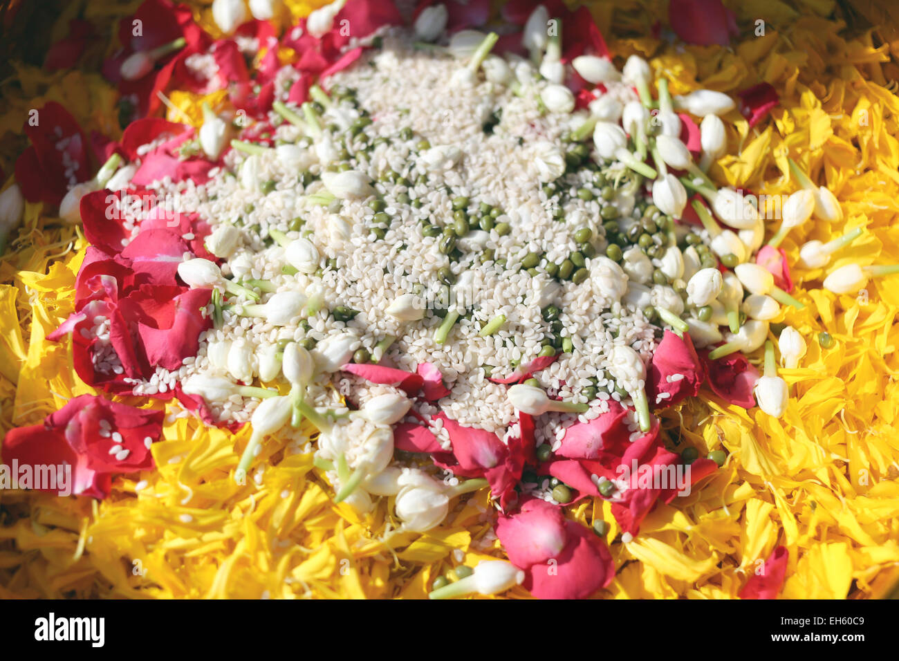 Popped rice and flowers in utensil for the worship Stock Photo - Alamy