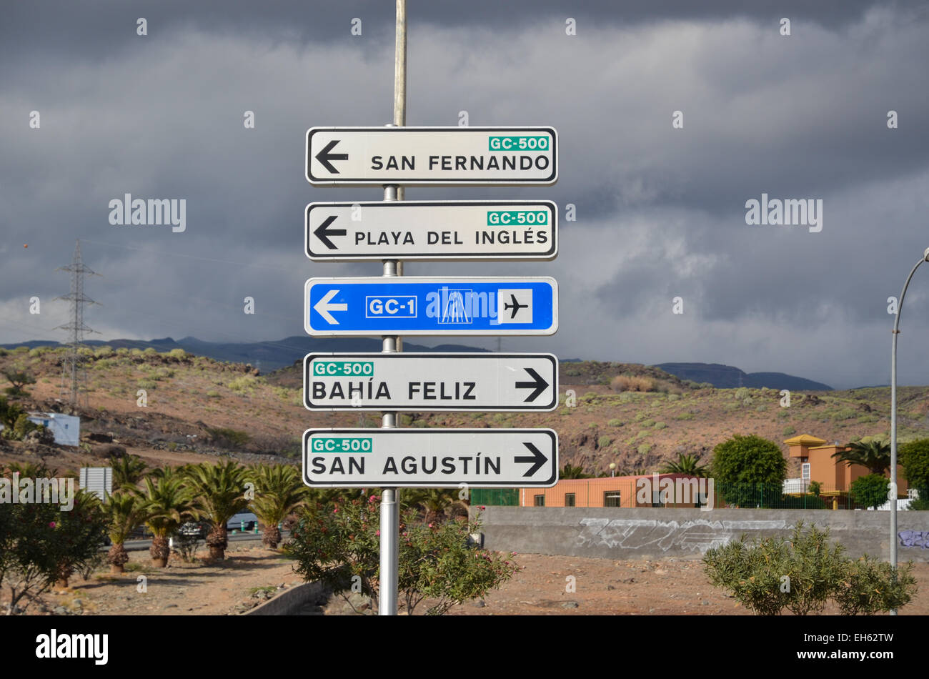 Road signs pointing at popular resorts at Gran Canaria, Canary Islands ...