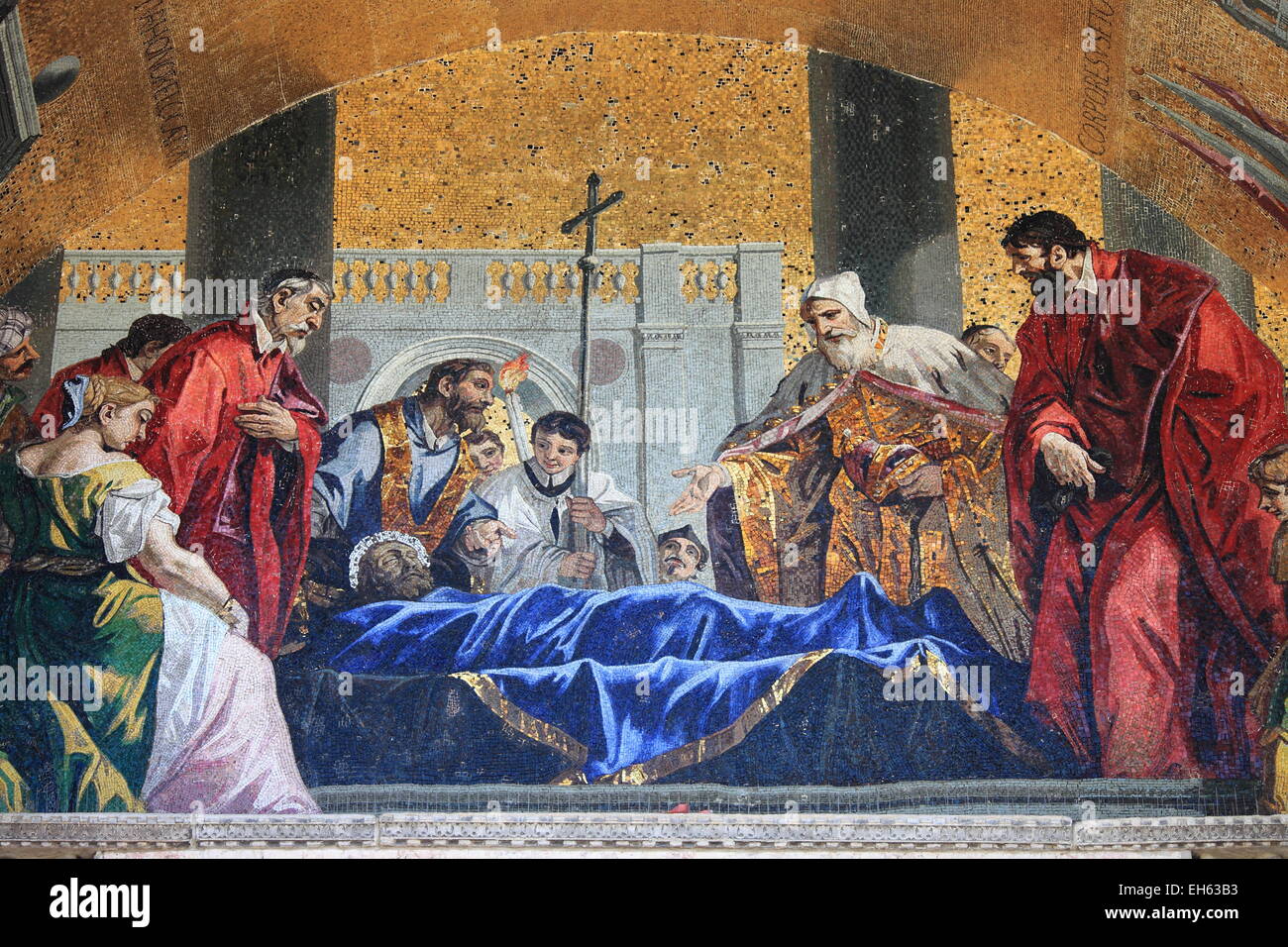 Mosaic in St. Mark Basilica depicting the body of St. Mark venerated by ...