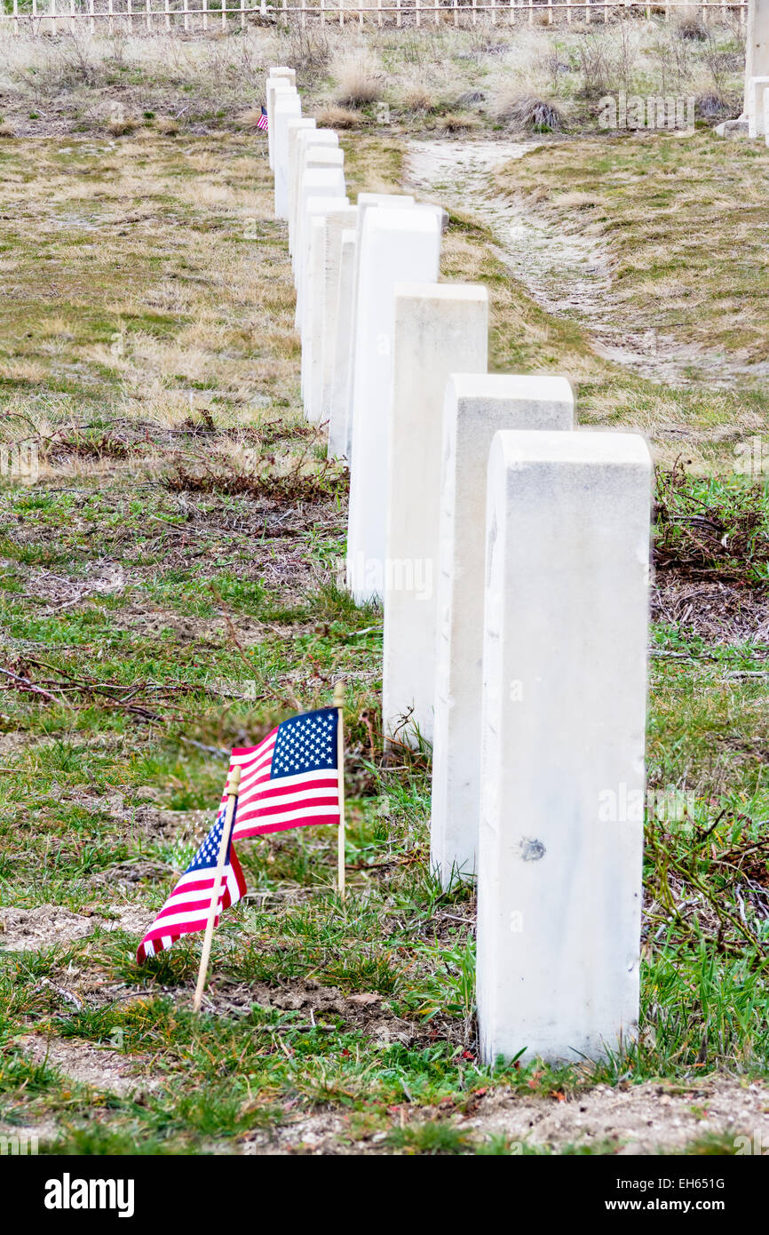 Small American flags on the tomb stones at a military cemetery Stock ...