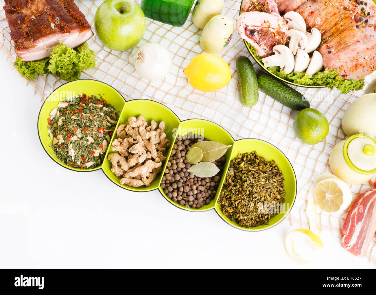 Smoked bacon pork meat with green healthy salad and various herbs on ...