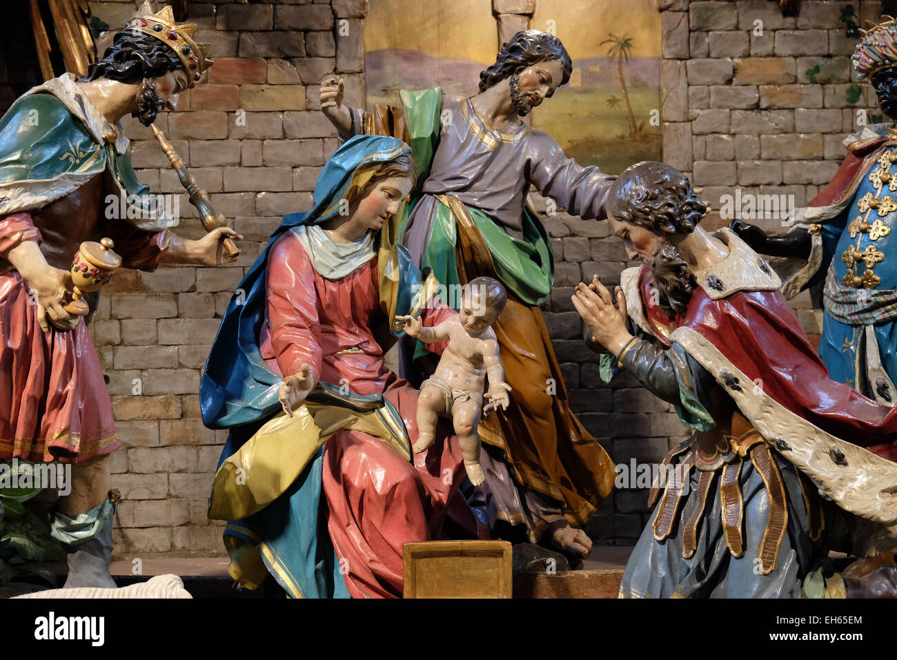 Nativity scene, creche, or crib, birth of Jesus in Mariahilf church in ...