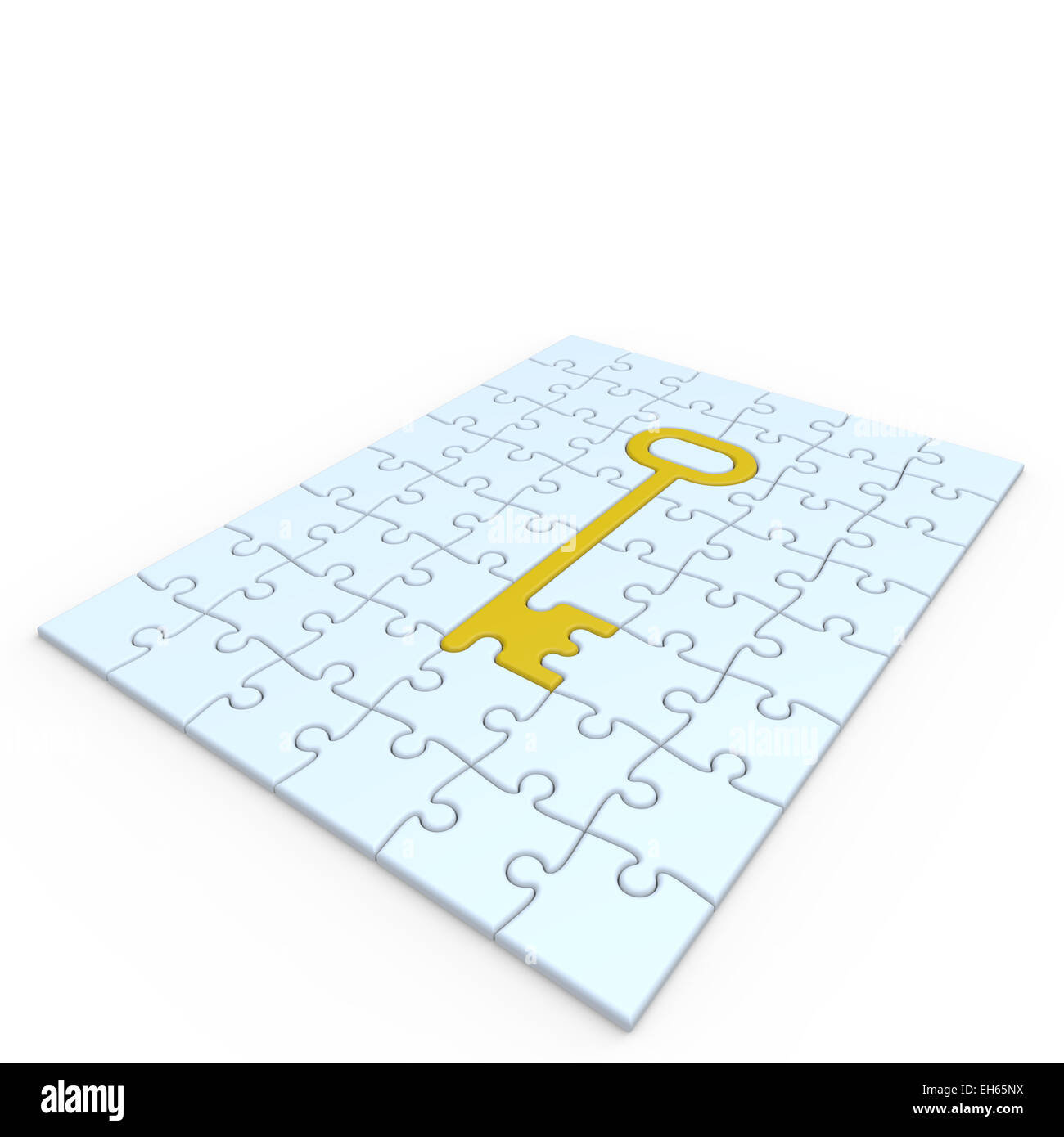 yellow key shaped piece in a white jigsaw puzzle on a white background ...