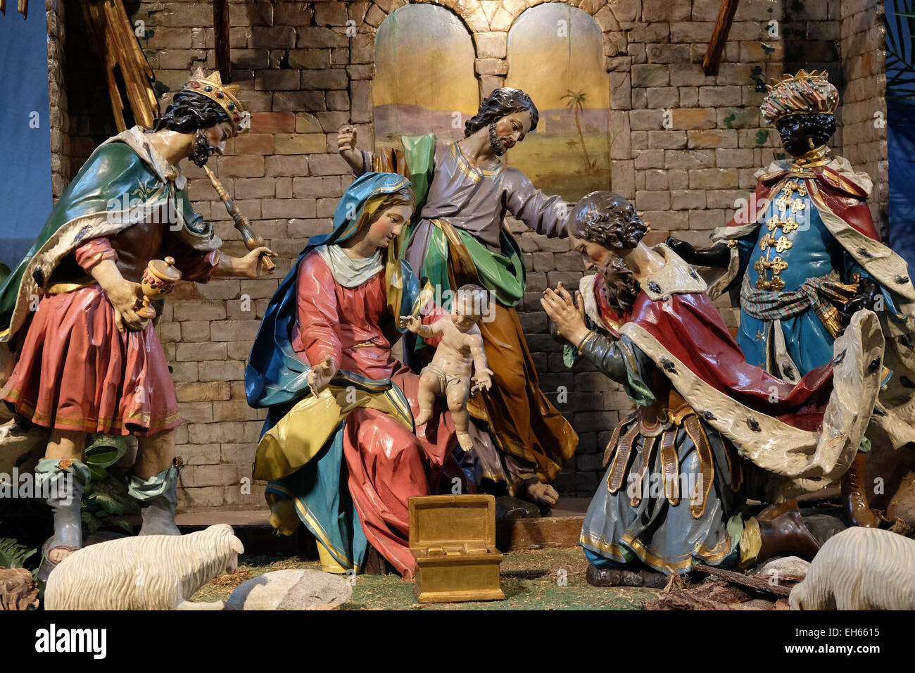 Nativity scene, creche, or crib, birth of Jesus in Mariahilf church in ...