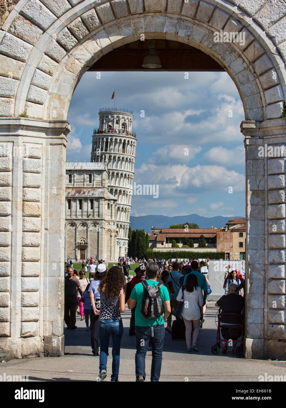 Pisa Italy leaning tower through arch tourism Stock Photo - Alamy
