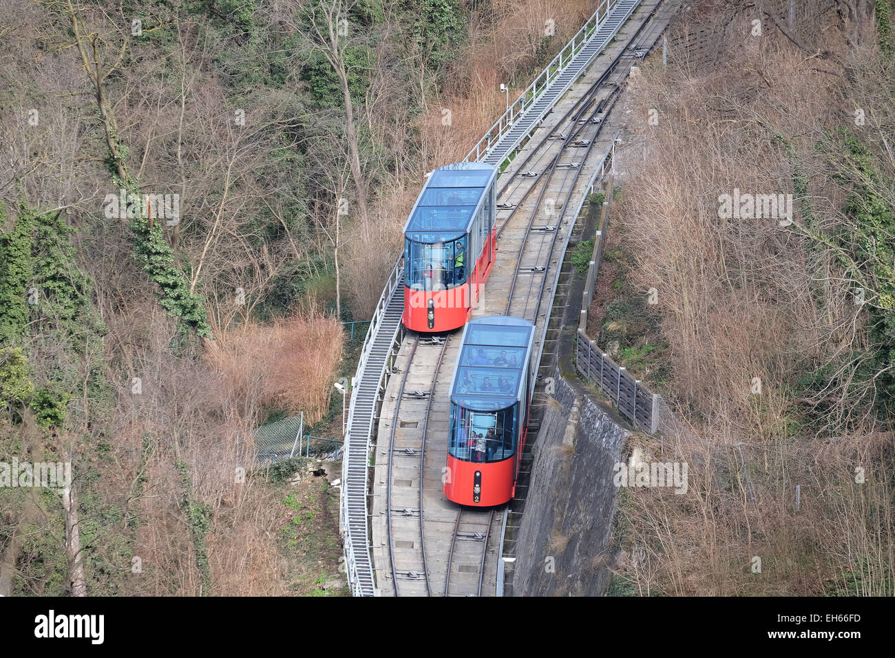 Modern funicular climbing to Schlossberg and Graz city panoramic view ...