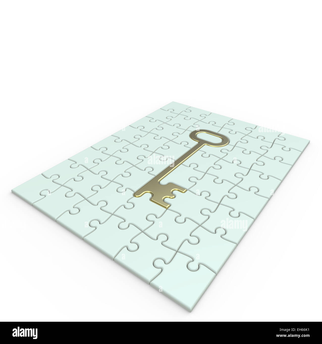 gold key shaped piece in a white jigsaw puzzle on a white background ...