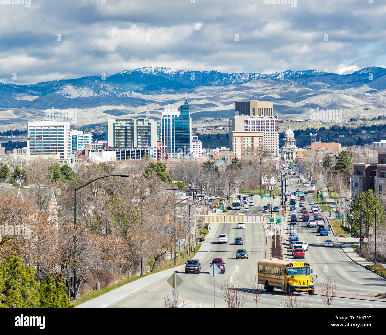 School bus and the city of Boise Idaho skyline Stock Photo - Alamy