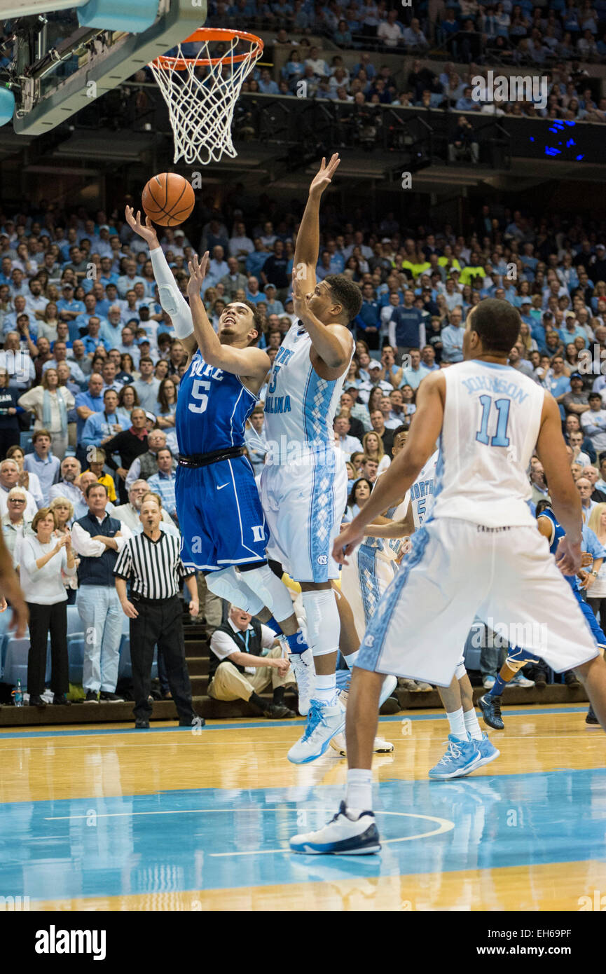 Chapel Hill, NC, USA. 7th Mar, 2015. Duke G Tyus Jones (5) during the ...
