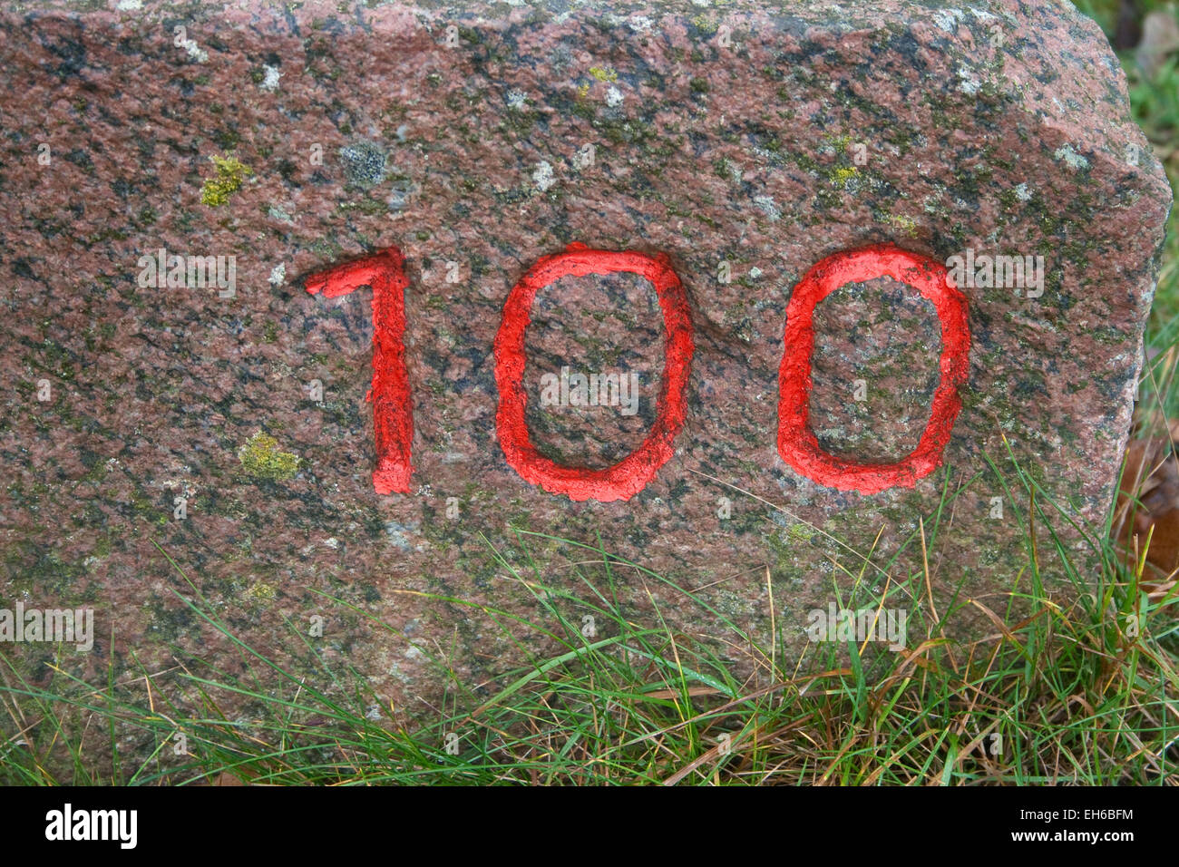 House number 100 in red on a rock Stock Photo - Alamy