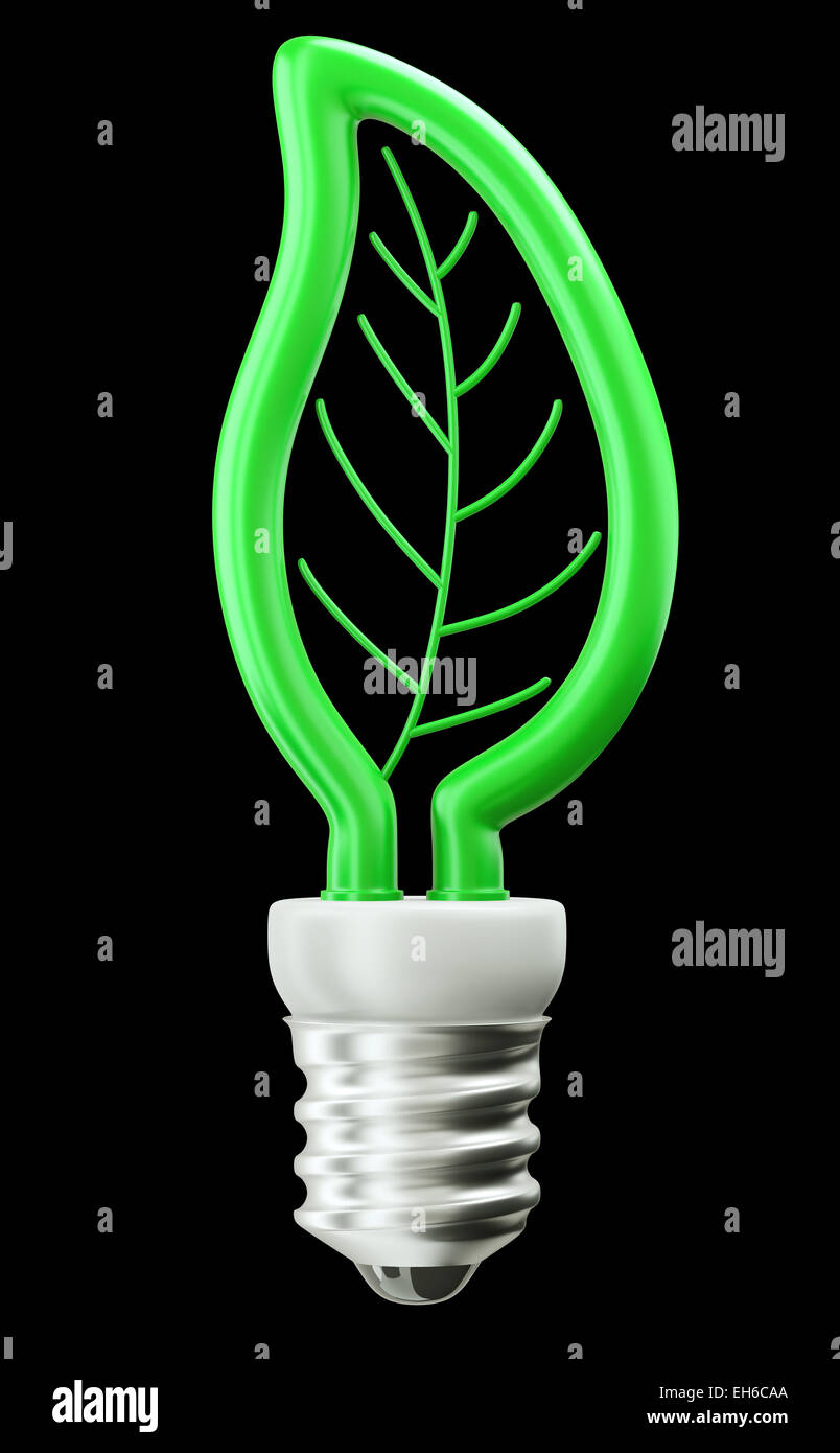 Eco friendly technology: green leaf or folium light bulb on black Stock ...