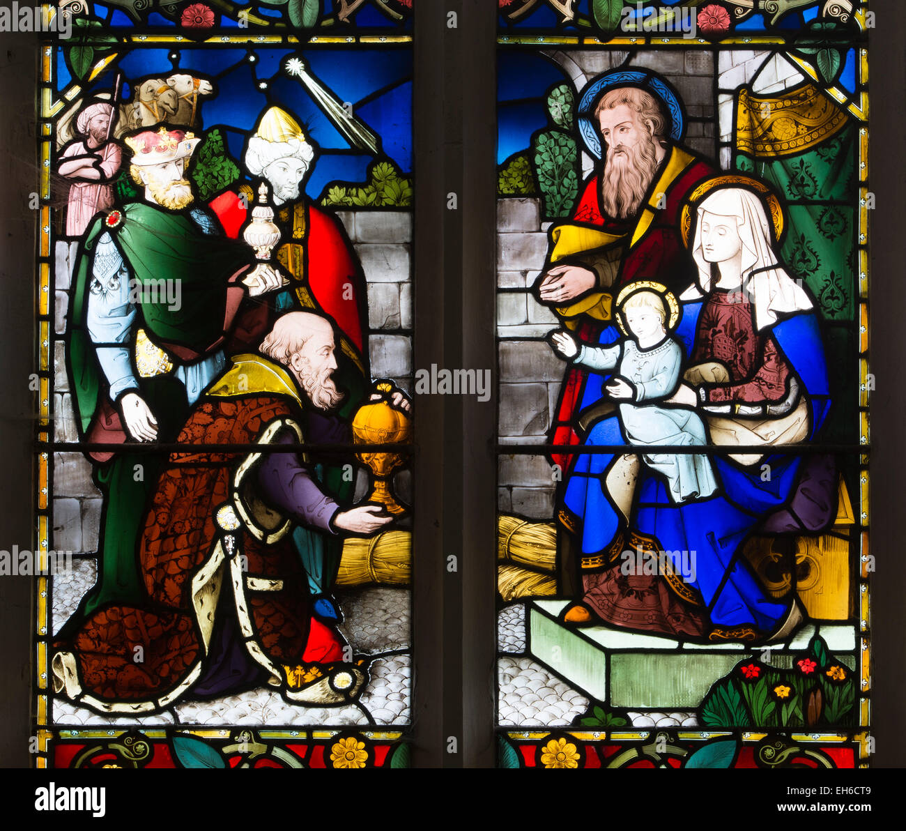 Nativity stained glass, St. Nicholas Church, Hatherop, Gloucestershire, England, UK Stock Photo ...