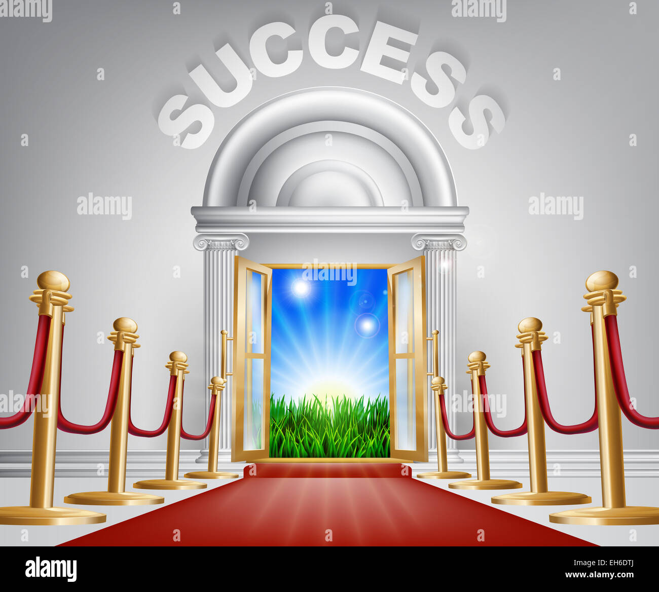 A VIP success door opening to reveal a sunrise and beautiful green ...