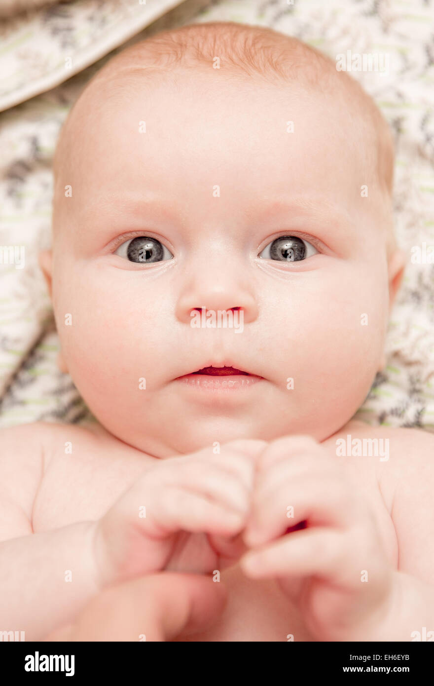 Two-month old baby girl on a light background Stock Photo - Alamy