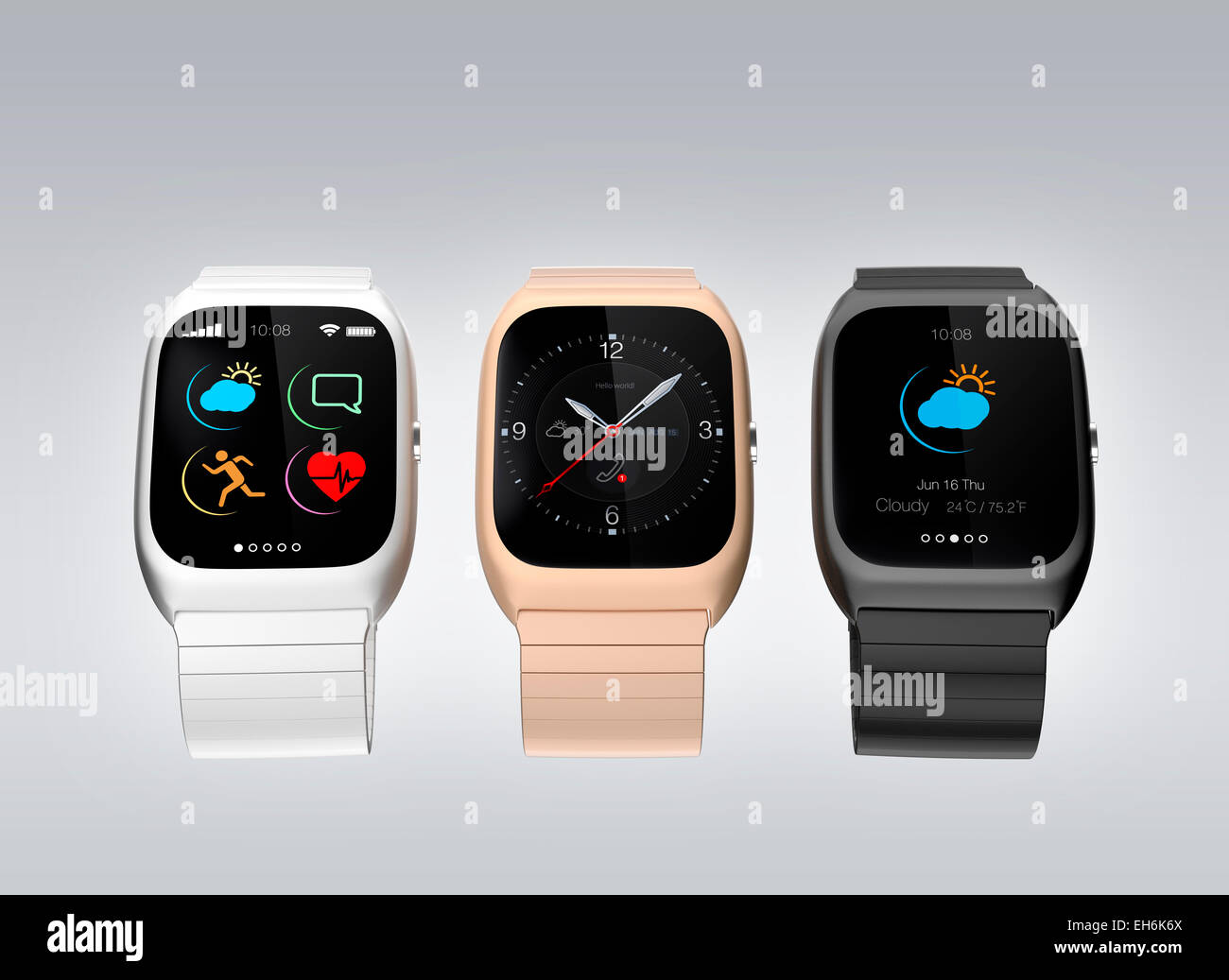 Stylish smart watches with different apps on gray background Stock ...