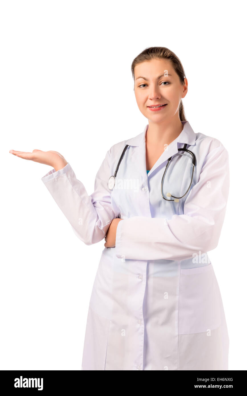 doctor brunette holding a hand on a white background Stock Photo - Alamy