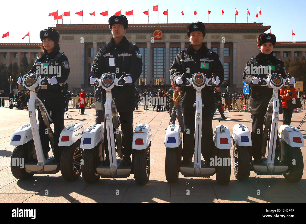 Beijing, CHINA, China. 3rd Mar, 2015. Chinese police patrol Tiananmen ...