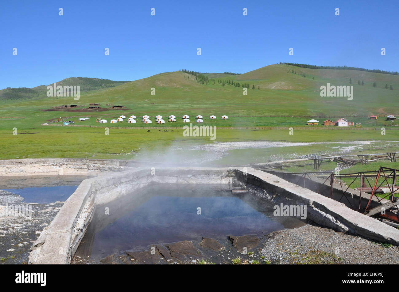 Tsenkher Hot Springs And Green Grasslands Stock Photo - Alamy