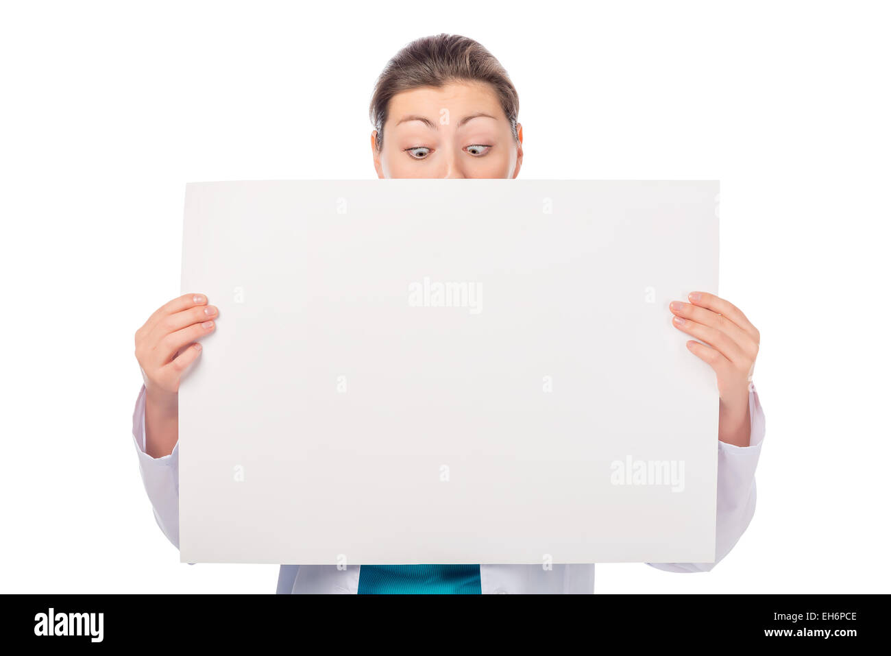 woman with a poster looking down isolated on white background Stock ...
