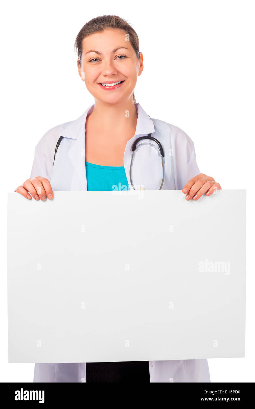 Smiling woman doctor with a poster on a white background Stock Photo ...