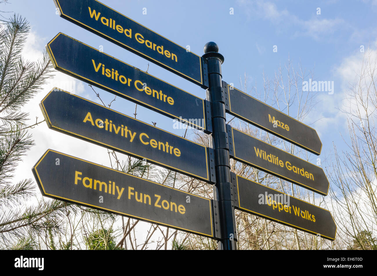 Direction signs to the walled garden, visitor centre, maze etc at an ...