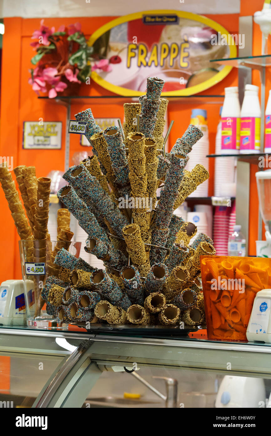 A large selection of colourful ice cream cone on display, Rome, Italy ...