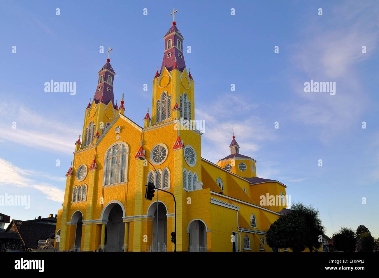 Yellow and purple church of Castro, Chiloe, Chile Stock Photo - Alamy