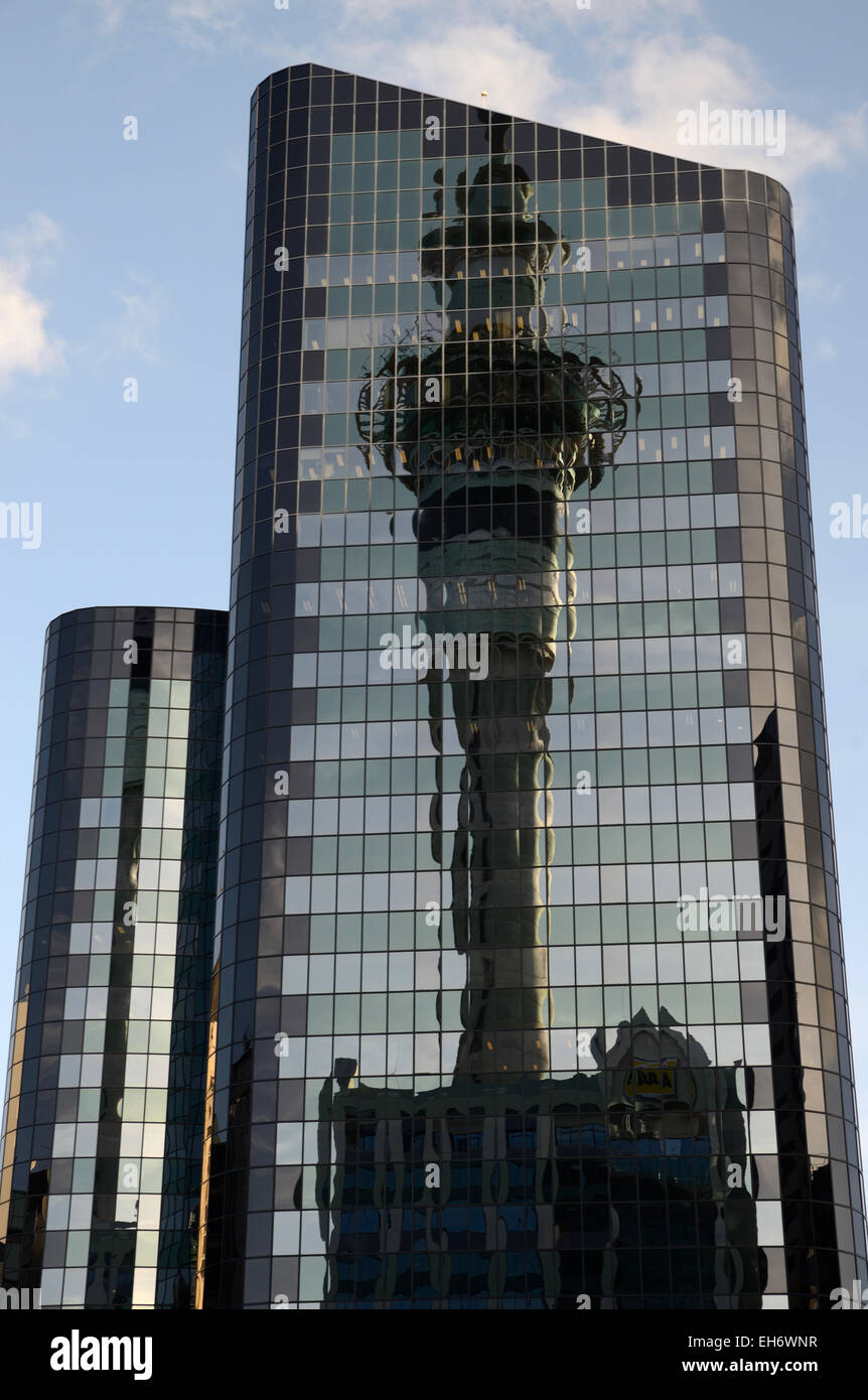 The iconic SkyTower reflected in an Auckland skyscraper, Northland, New ...