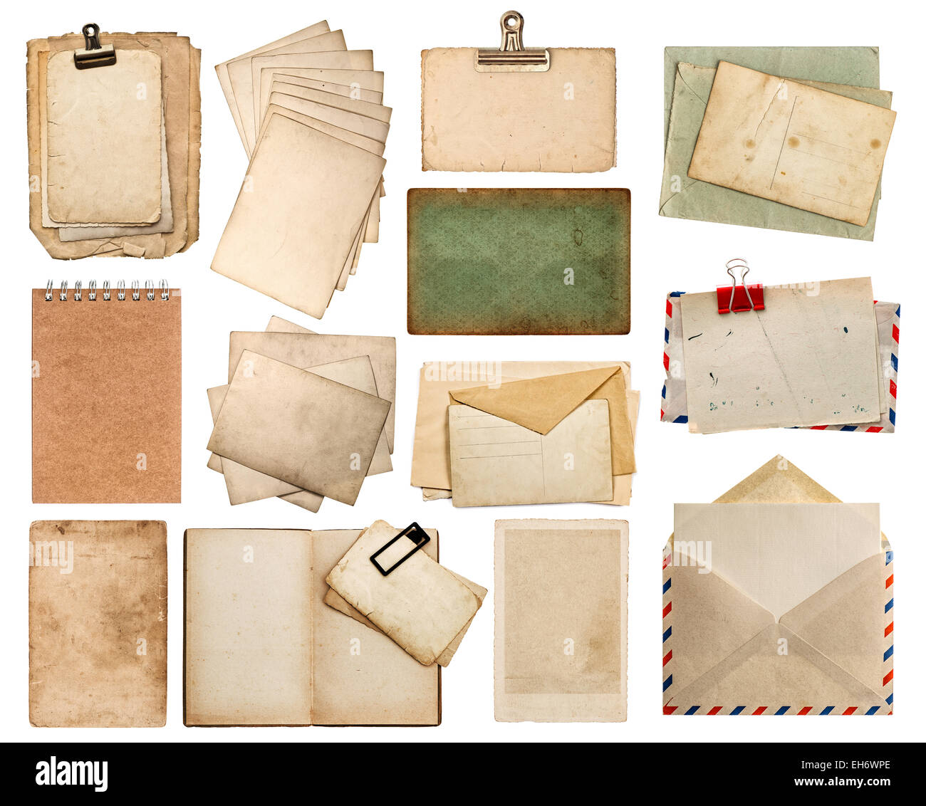 Used paper sheets. Vintage photo album and book pages, cards ...