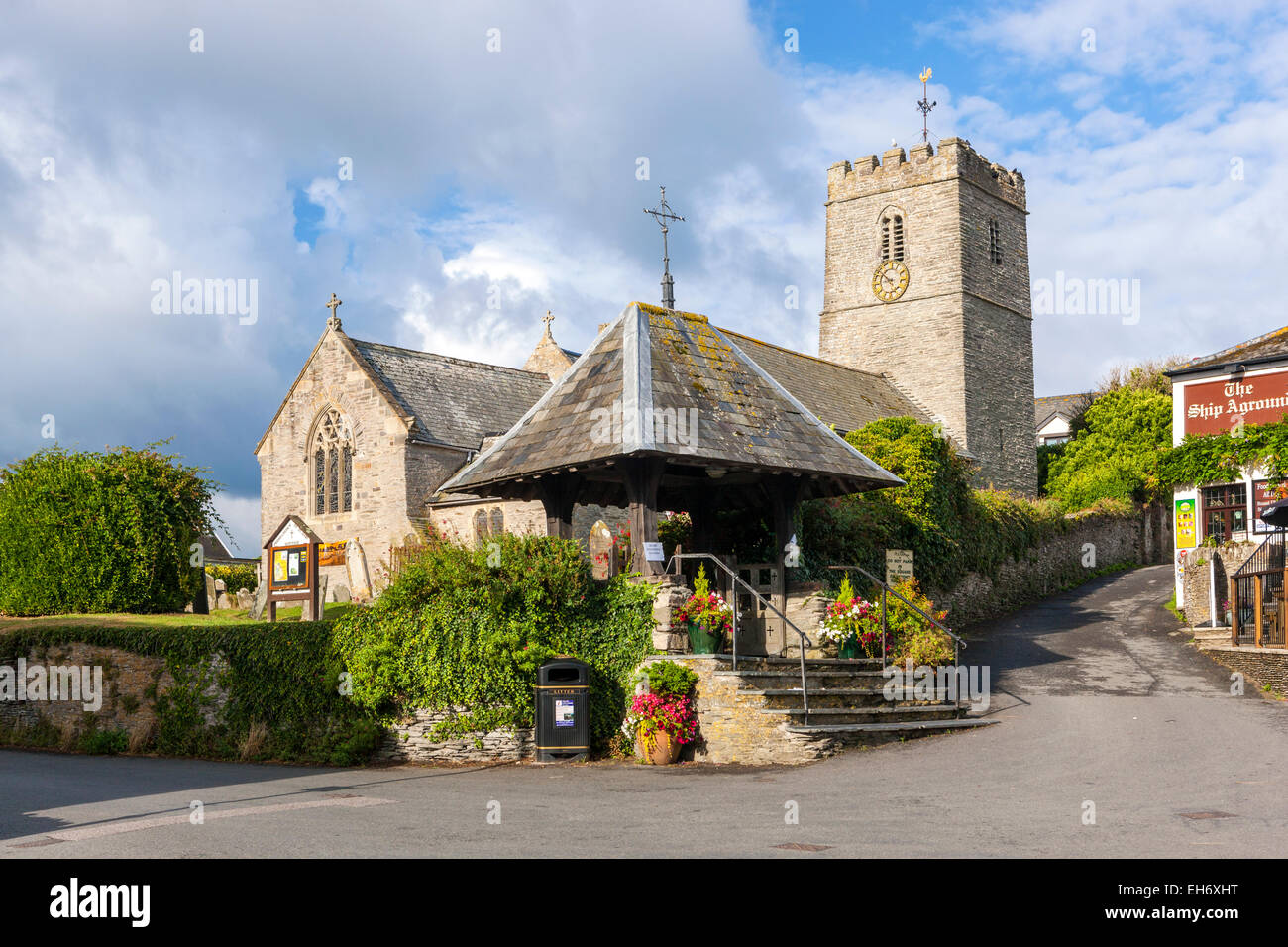 Mortehoe village, St Mary’s church and The Ship Aground pub near ...
