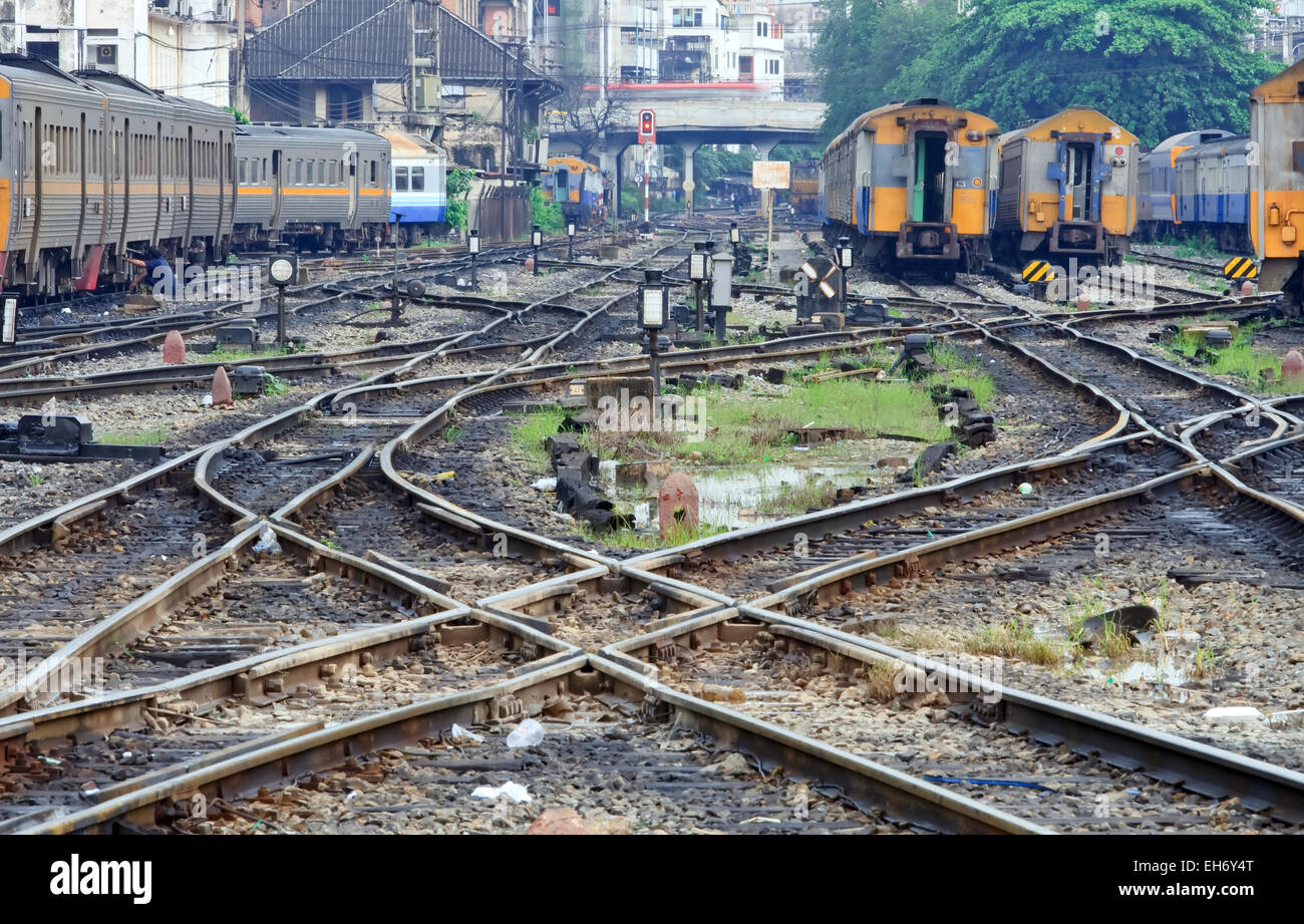 mess up of crossing railway track junction at Bangkok Station Thailand ...