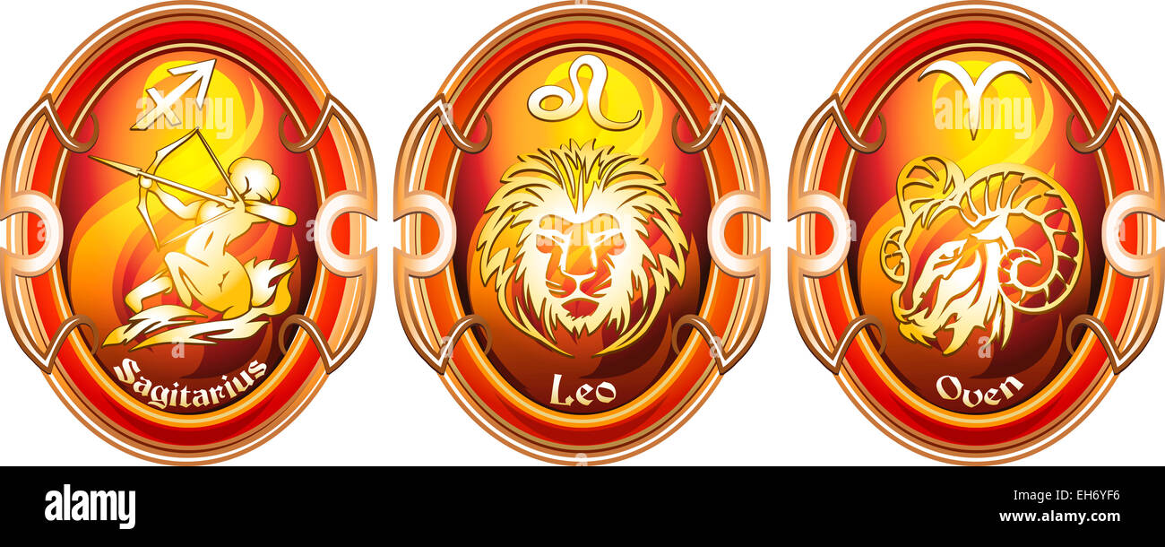 Three zodiac signs of fire in the ancient pendants drawn in vintage ...