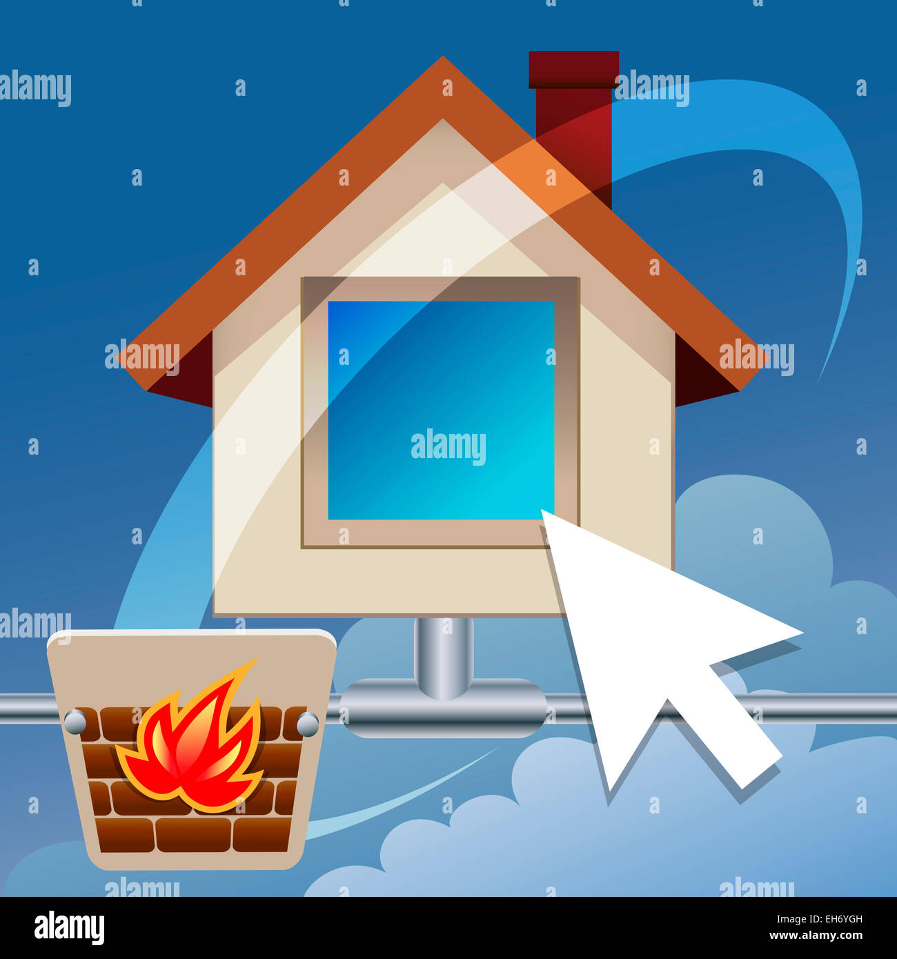 Illustration with icon of homepage and firewall as allegory of ...