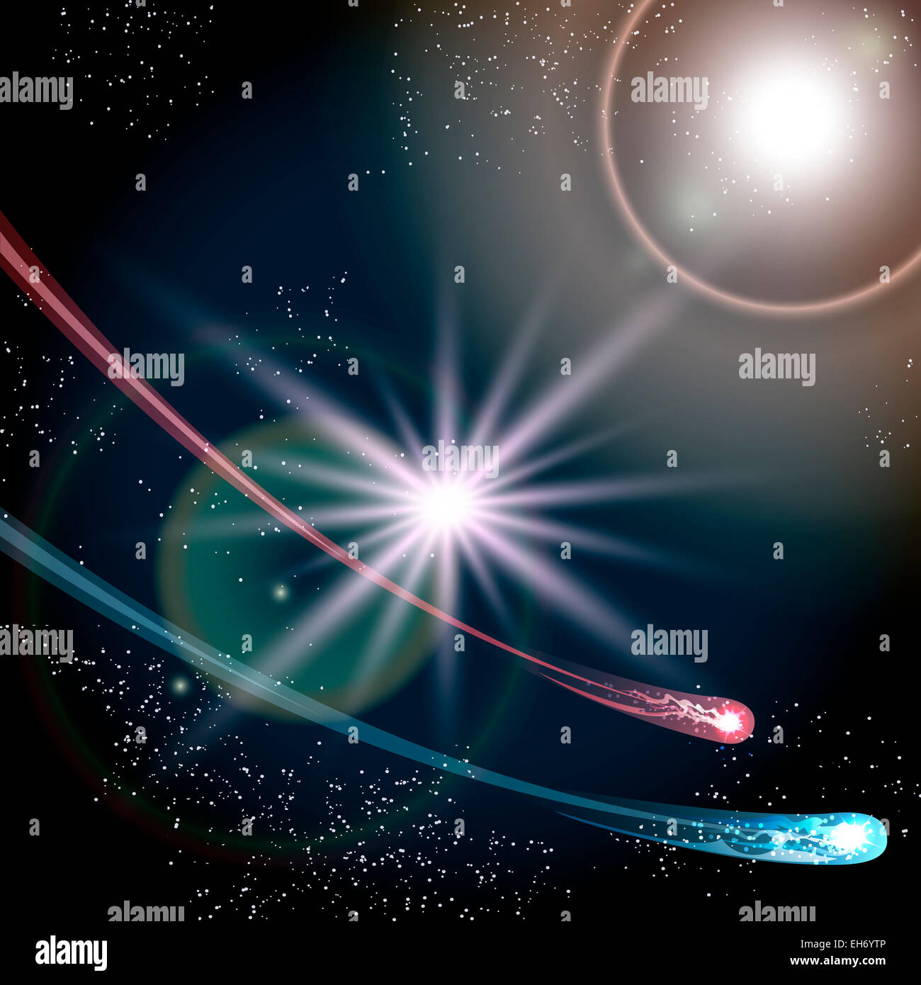 Illustration with two comets flying in deep space drawn in fantasy ...