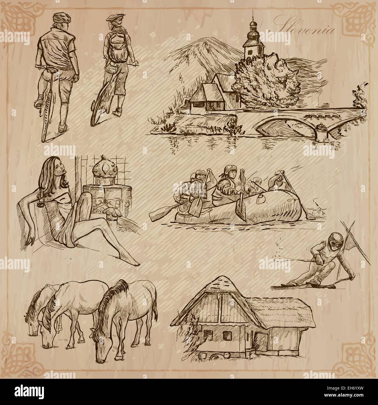 Travel: SLOVENIA - Collection of an hand drawn vector illustrations ...