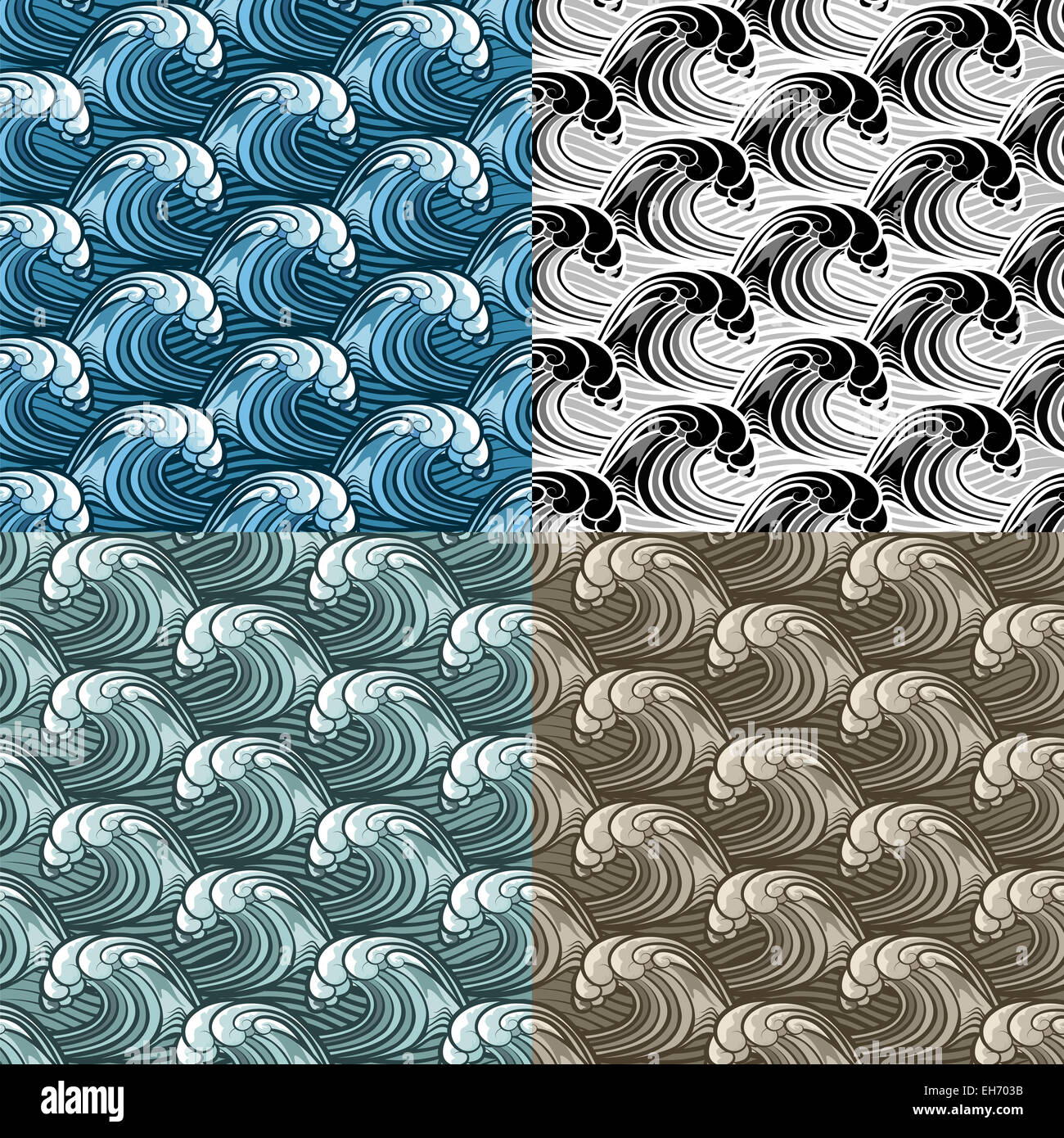Set of seamless wave patterns drawn in cartoon style in fore different ...