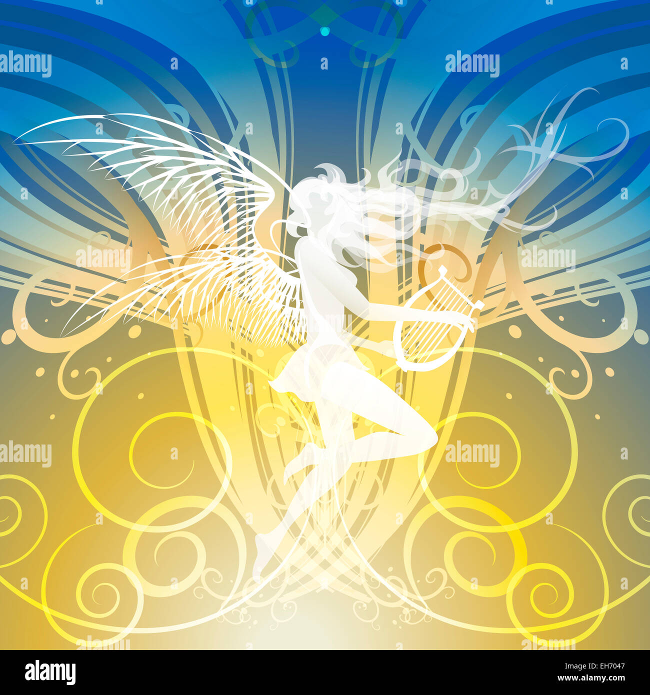 Illustration with dancing muse holding lyre in hands against festive ...
