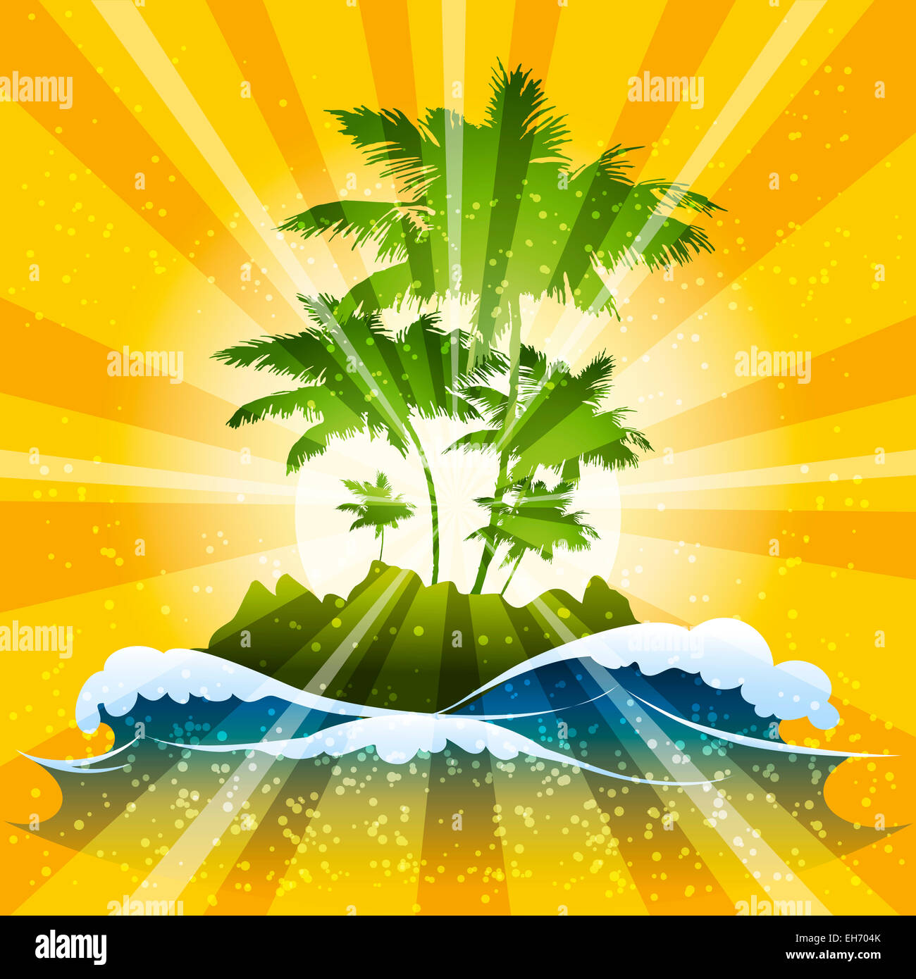 Illustration with tropical island and ocean waves against sunbeams ...