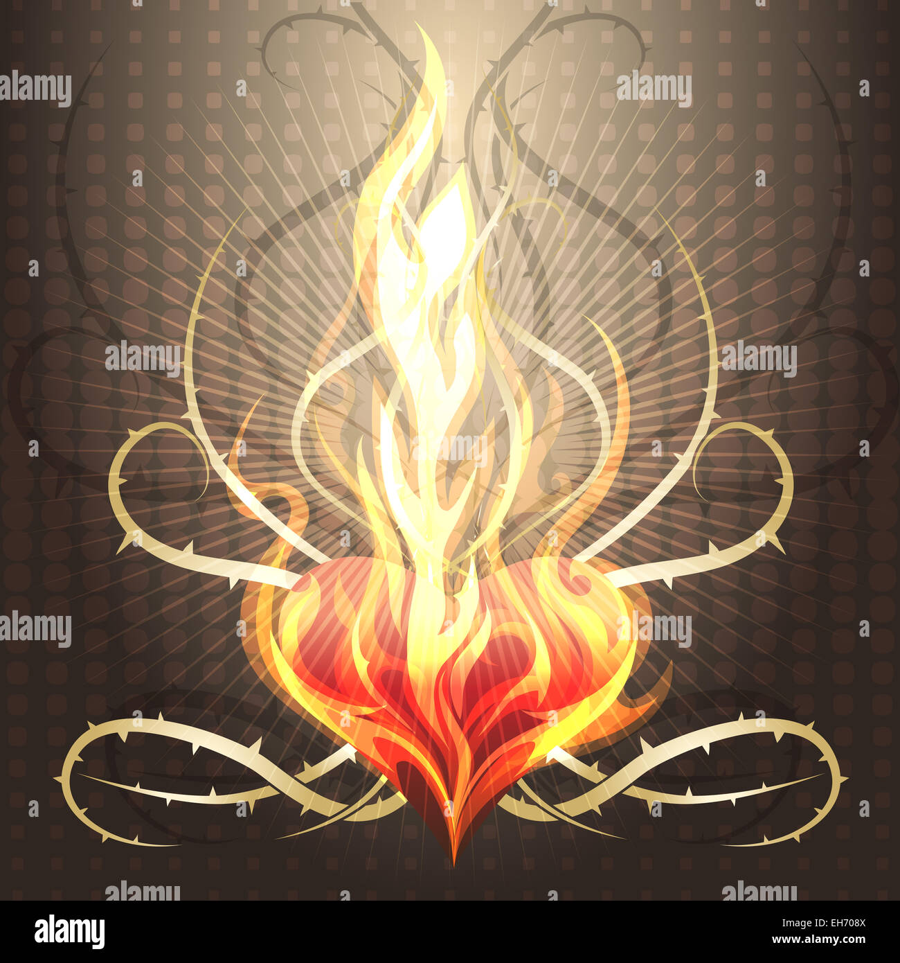 Illustration with heart burning in the thorns against dark background ...