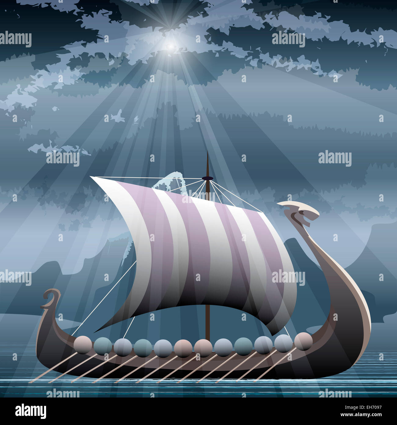 Illustration with viking ship in the fjord against northern mountain ...