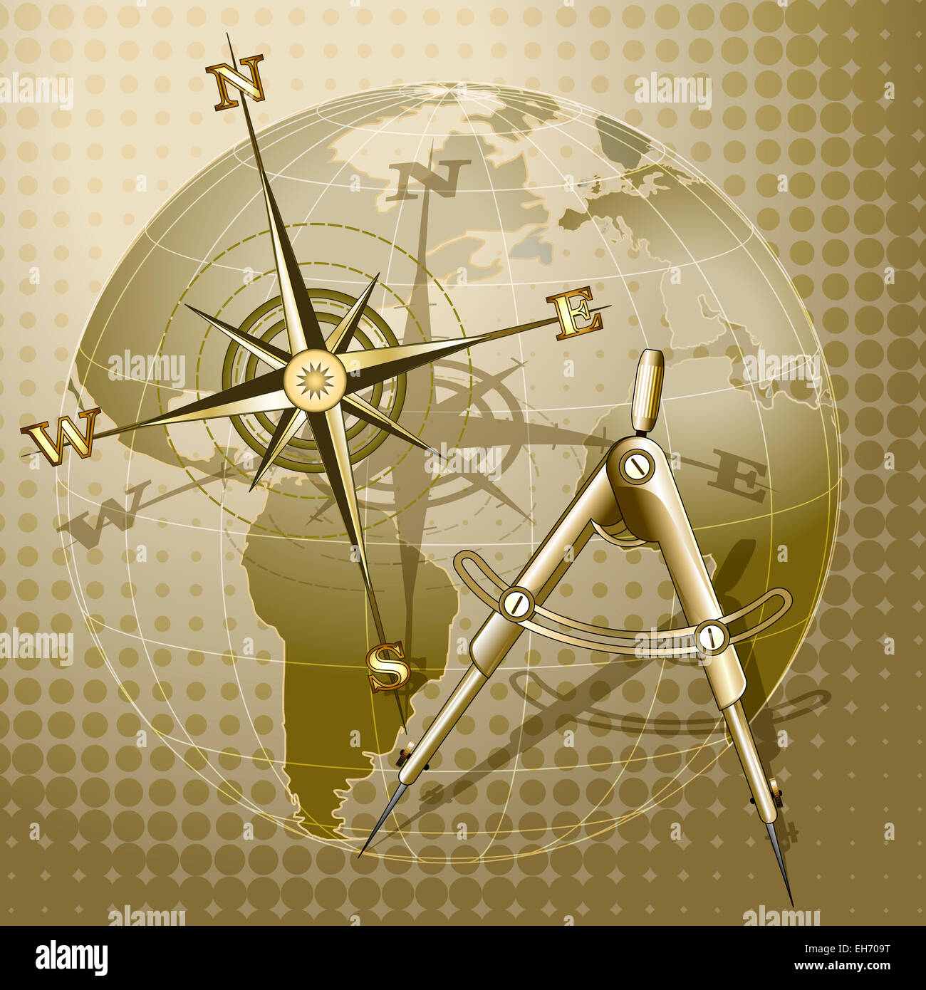 Illustration with divider and wind rose against globe drawn in retro ...