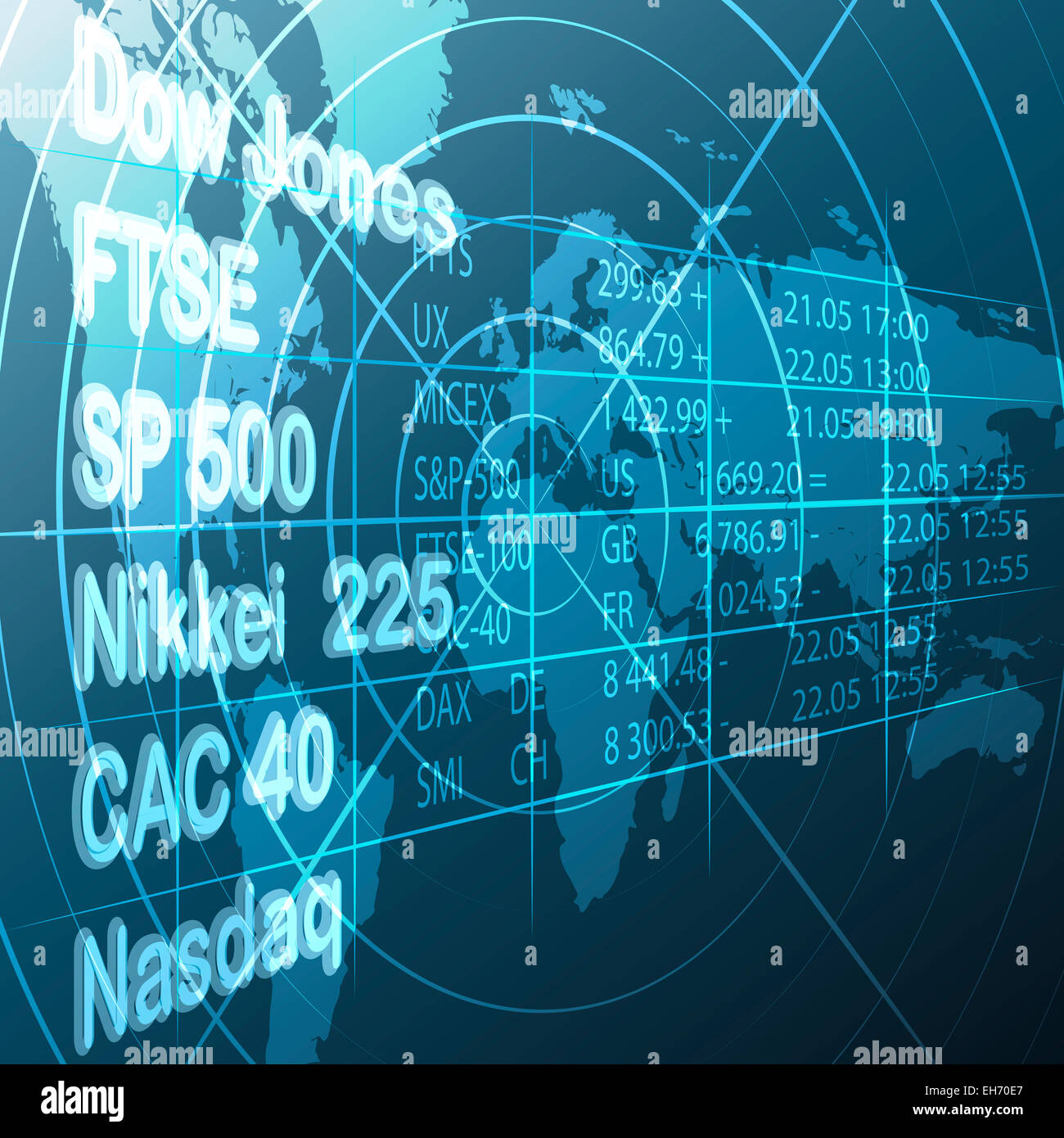 Illustration with stock market share list and data against world map as ...