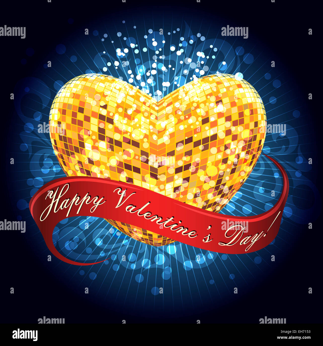 Heart shaped disco ball with Valentine's day greeting ribbon against ...