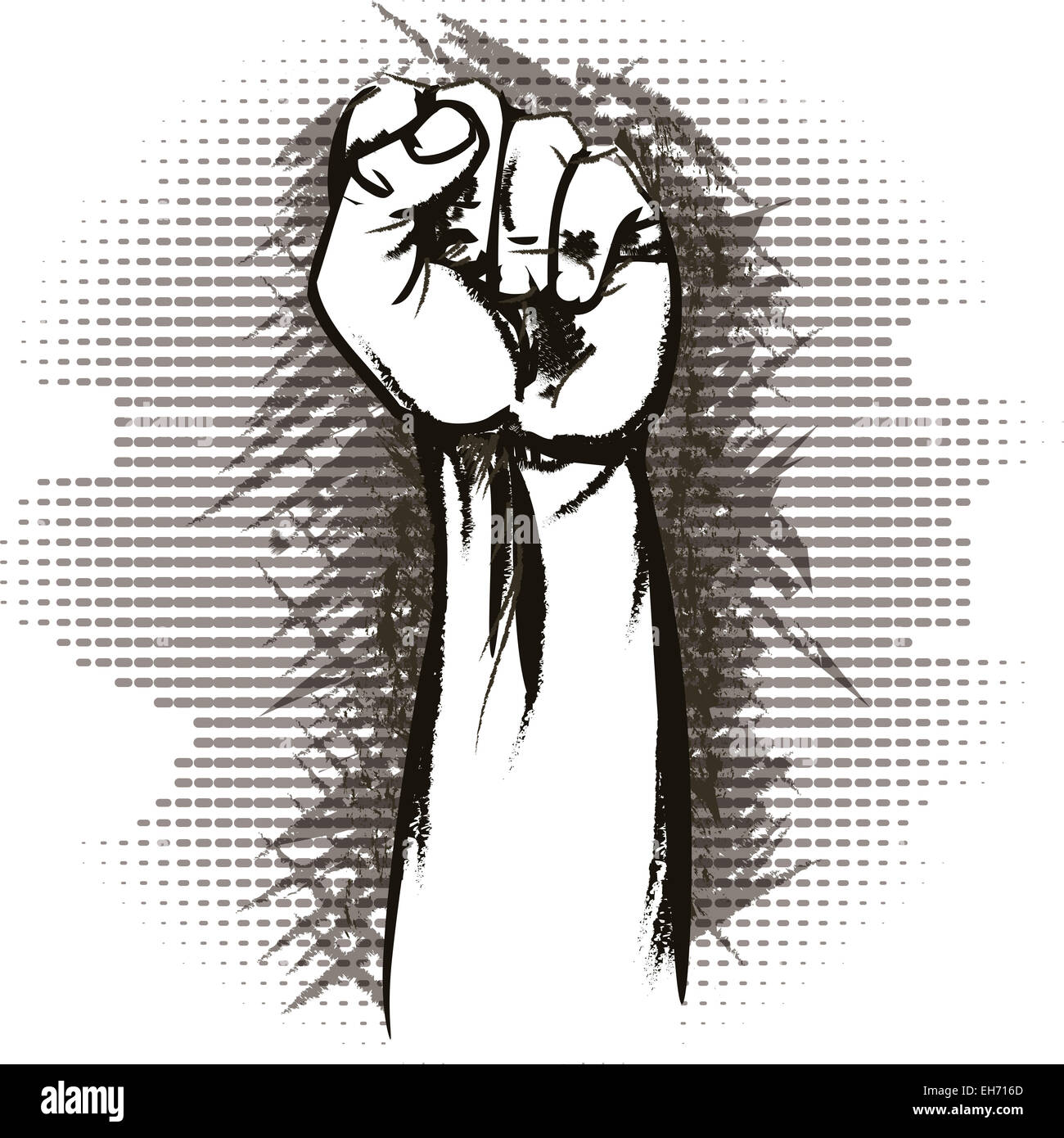 Illustration with raised fist drawn in vintage charcoal chalk sketch ...