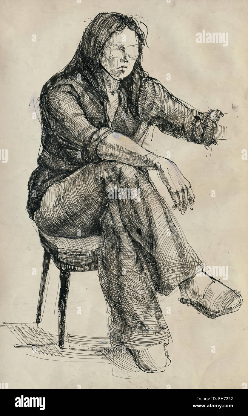 An hand drawn illustration, Black Ink technique on paper. Human Figure ...