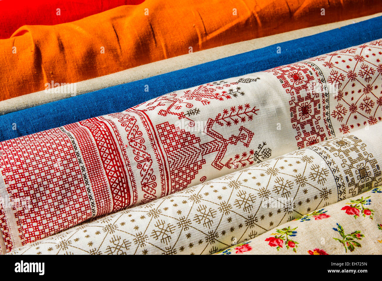 Closeup view of the colorful squares of cloth or wit displayed at the ...