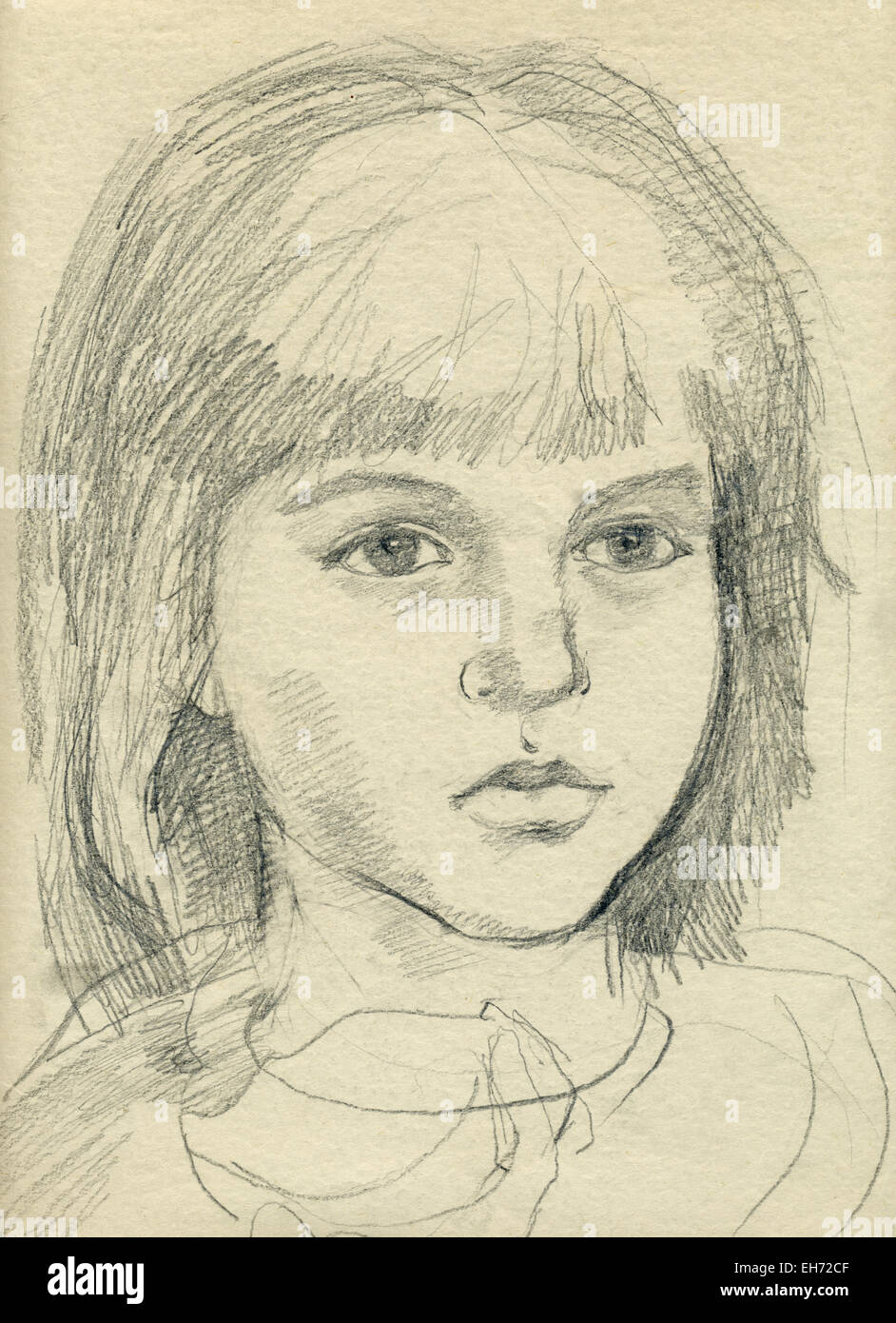 An hand drawn illustration, Pencil technique on paper. Human Face, girl ...