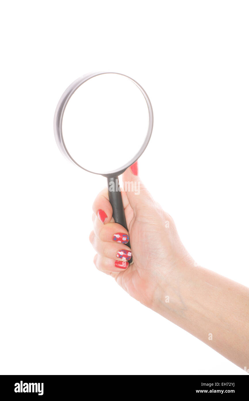Female hand holding magnifying glass on a white background Stock Photo ...