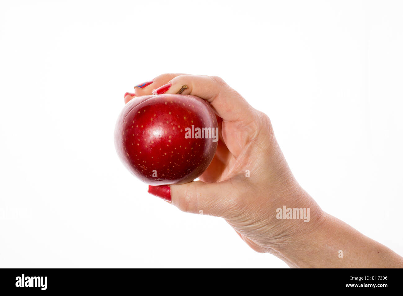 Woman's hand grip with fingers red apple on a white background Stock ...