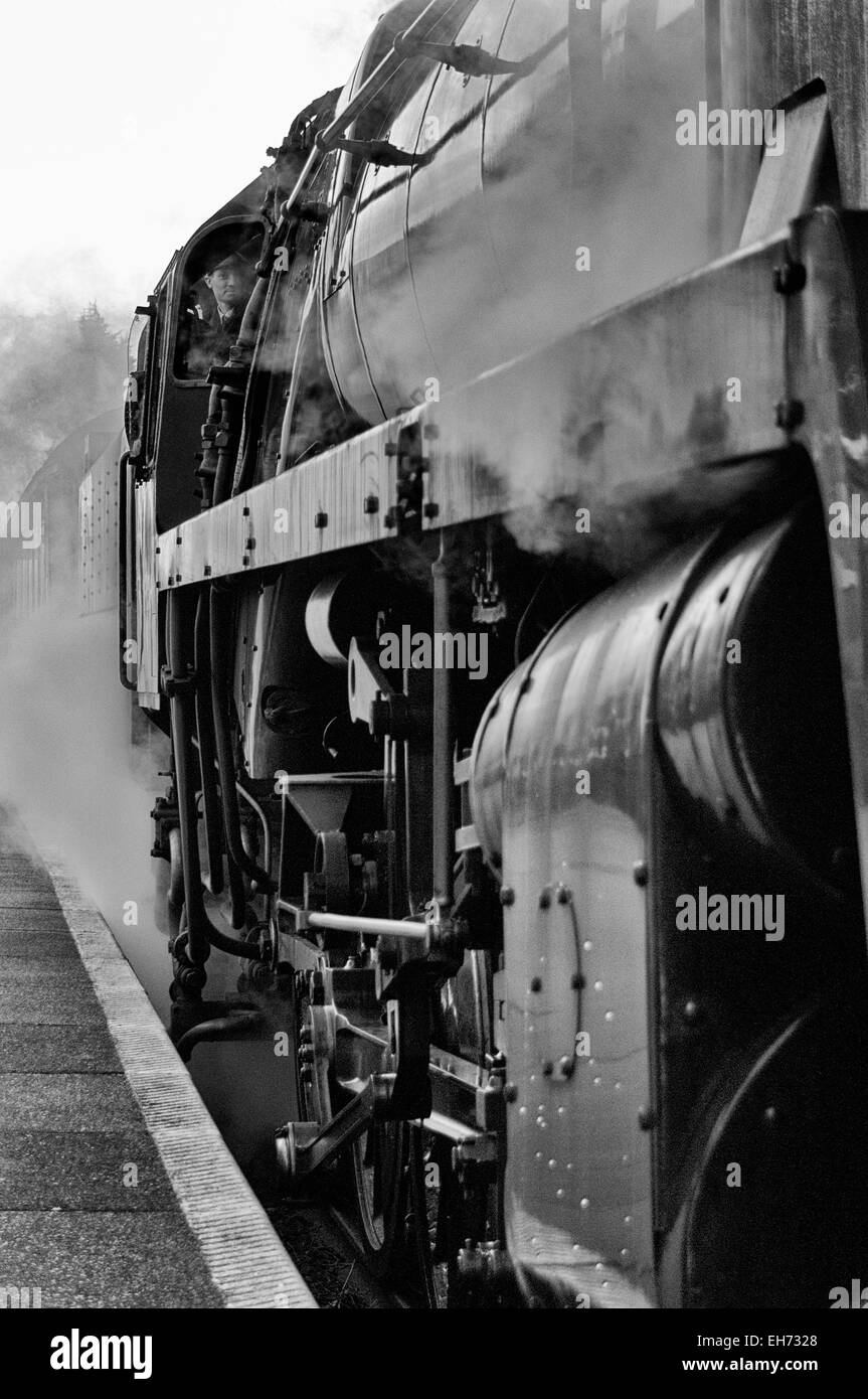Black and white close up view looking along the side of a BR Standard ...